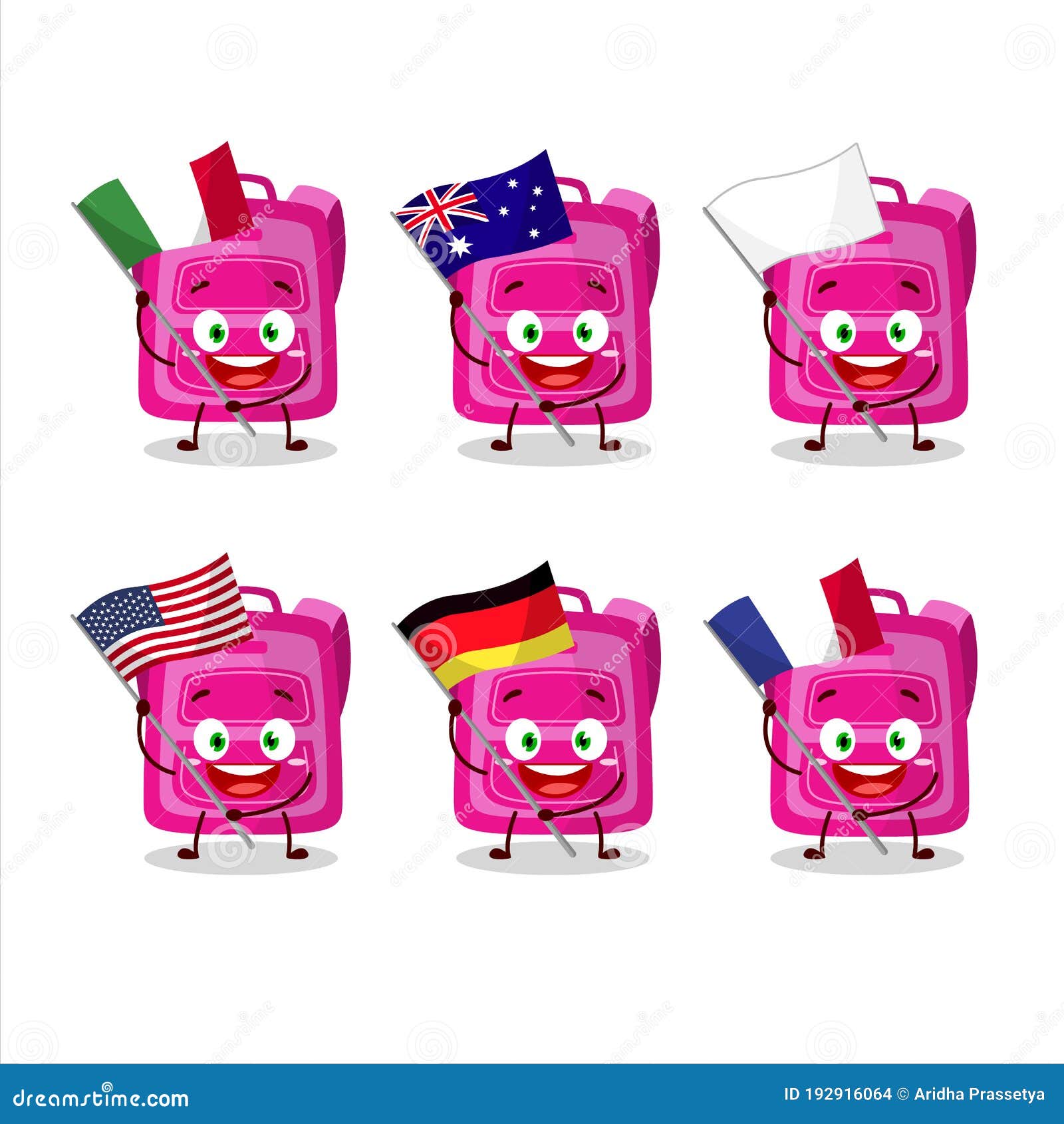 Pink School Bag Cartoon Character Bring The Flags Of Various Countries