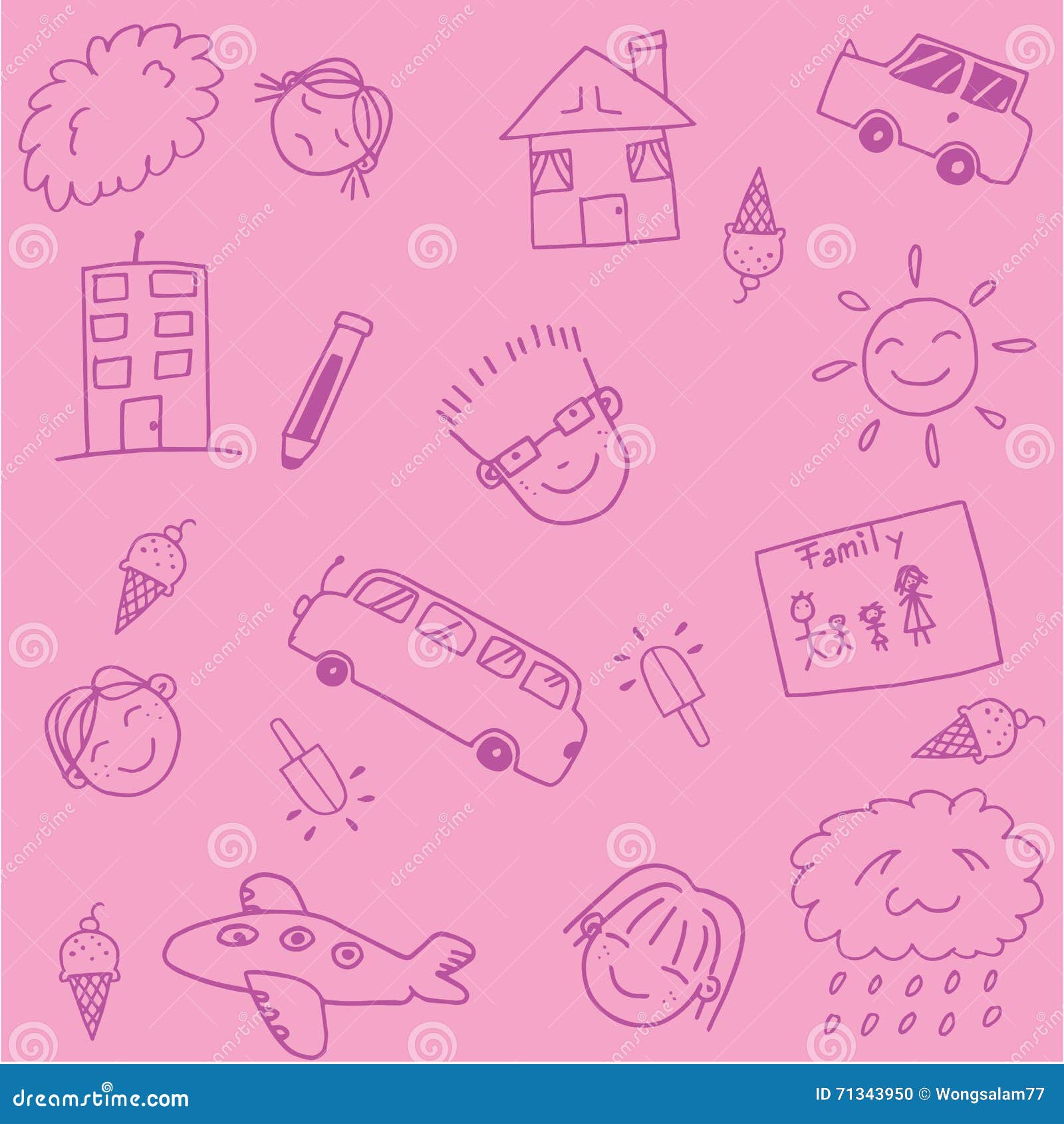 Pink School Kids Doodle Art Stock Vector - Illustration of funny, rain ...