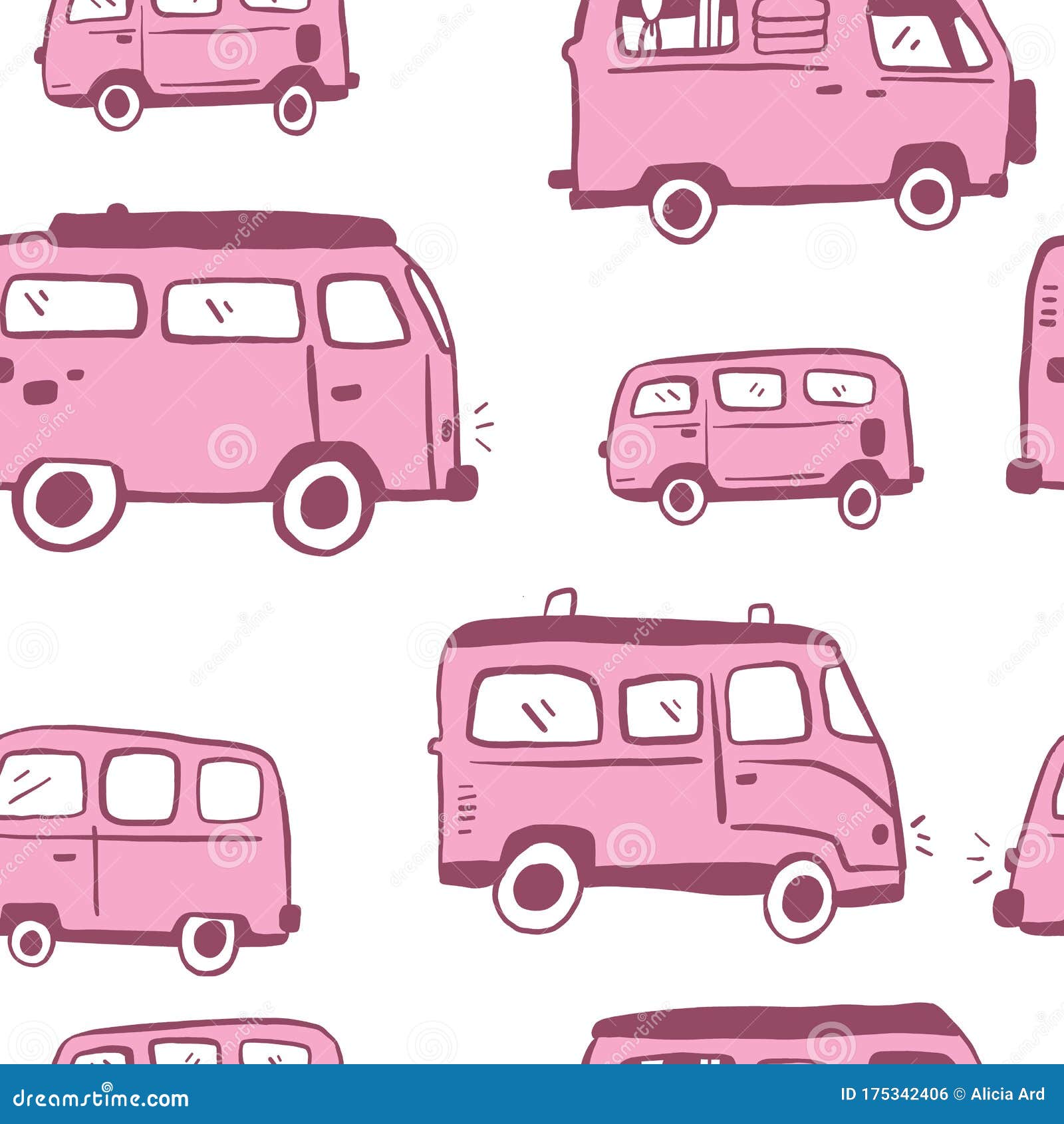 Pink Seamless Hand Drawn Hippie Van Pattern. Bus Repeat Pattern. White ...