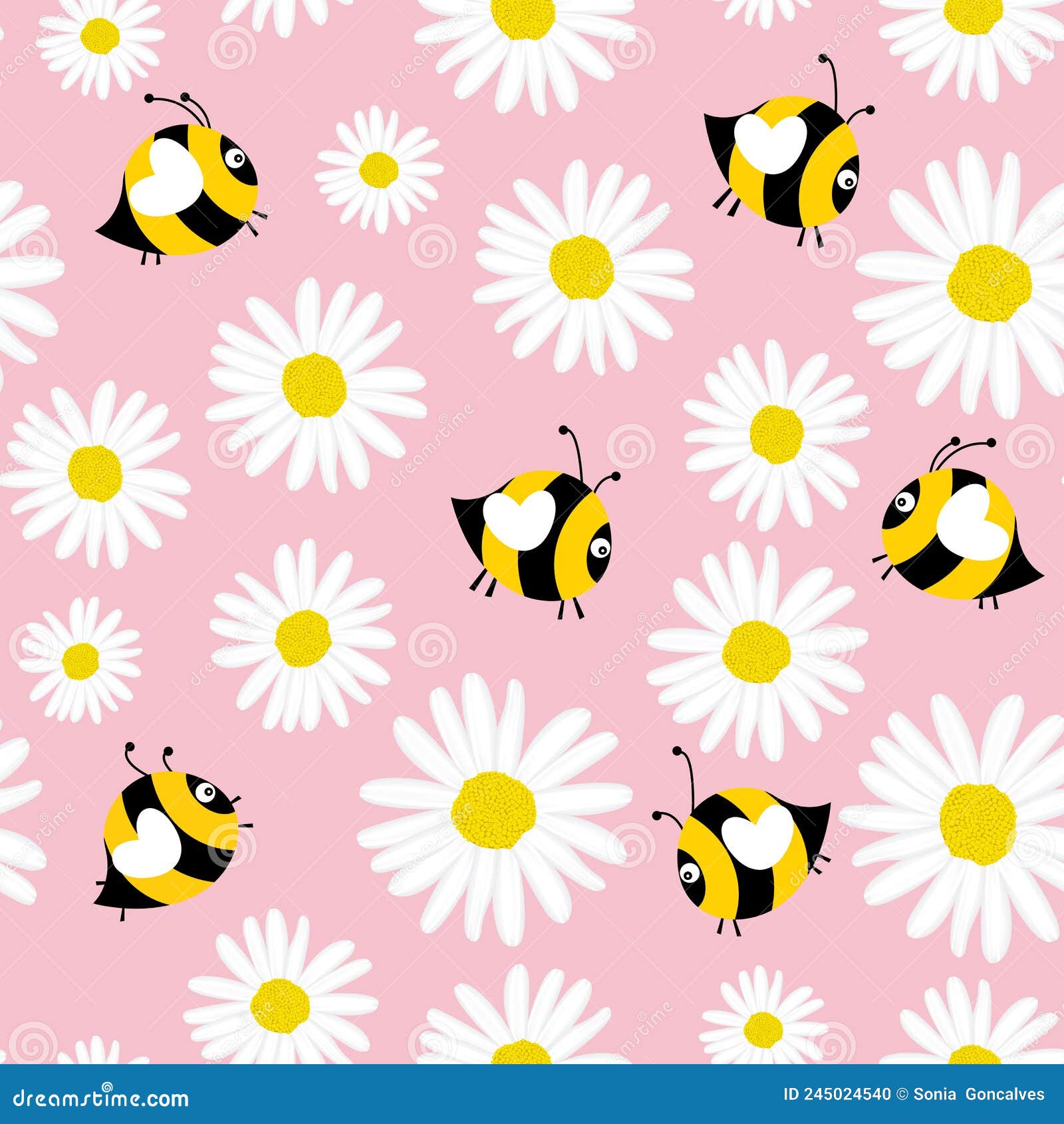 Pink Seamless Pattern Background of Daisy Flowers and Bees Stock Vector ...