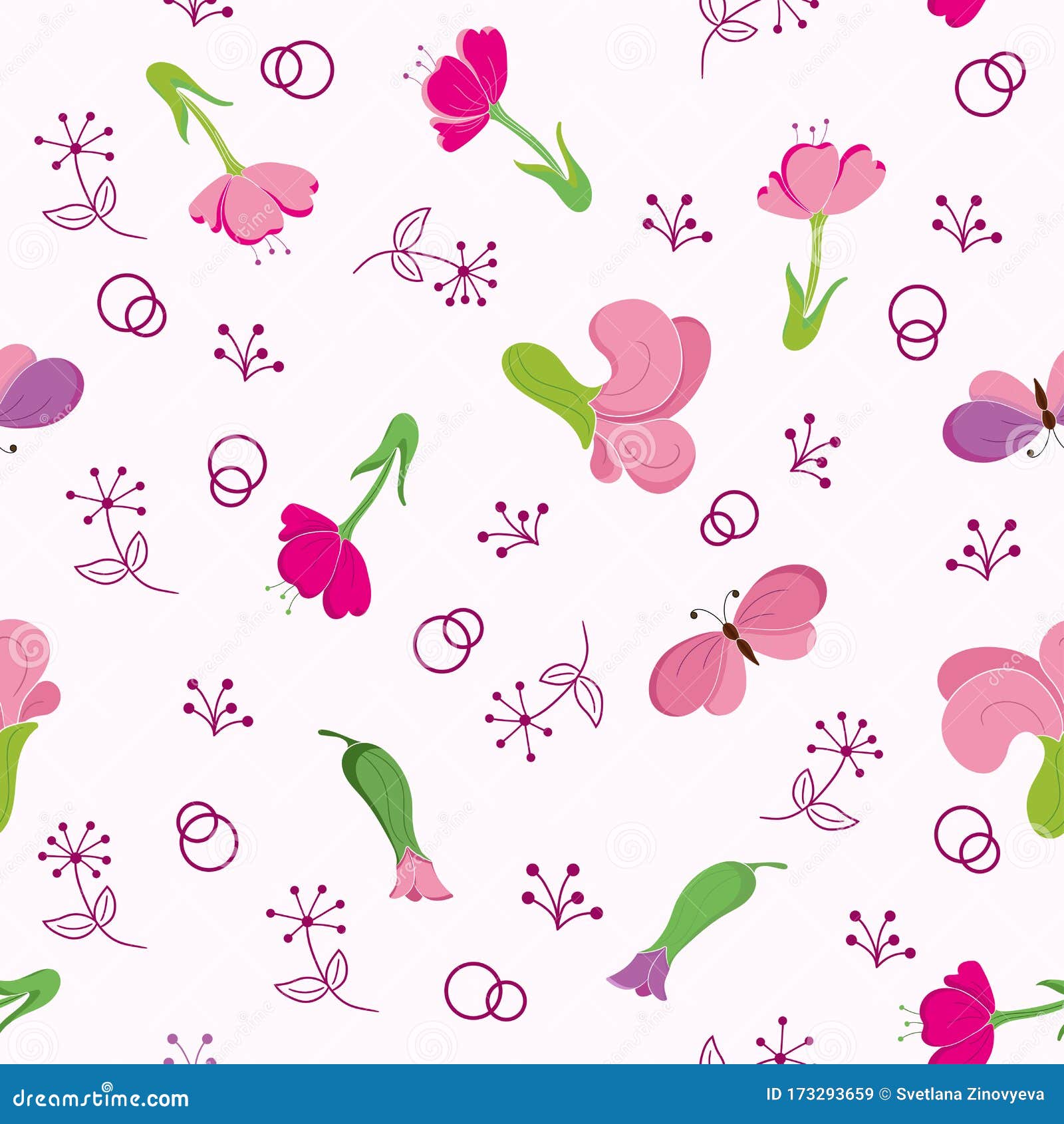 Pink Seamless Pattern with Flowers and Butterflies Scattered Randomly ...