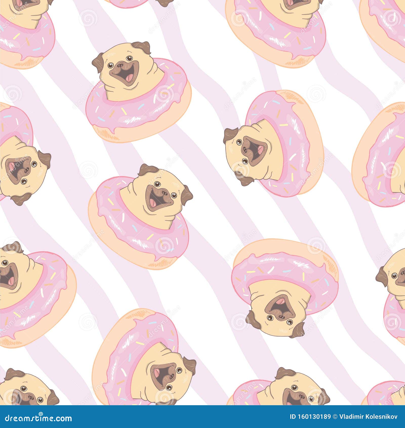 Pink Seamless Pattern with Funny Pug and Donut. Stock Vector ...