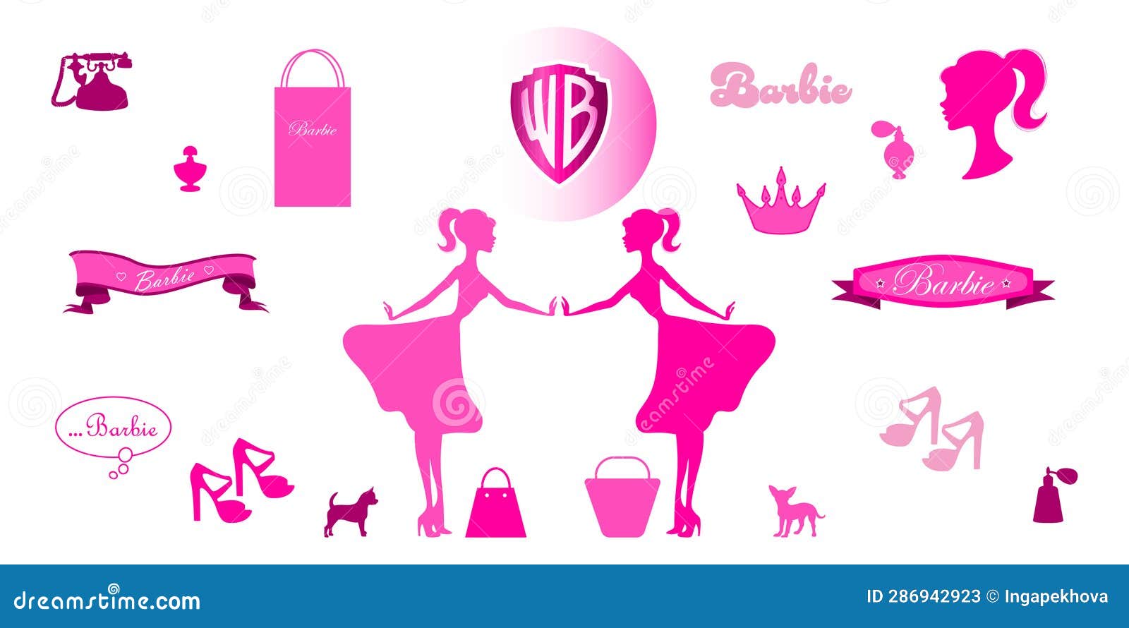 Pink Silhouette Images of Dolls and Accessories Stock Vector ...