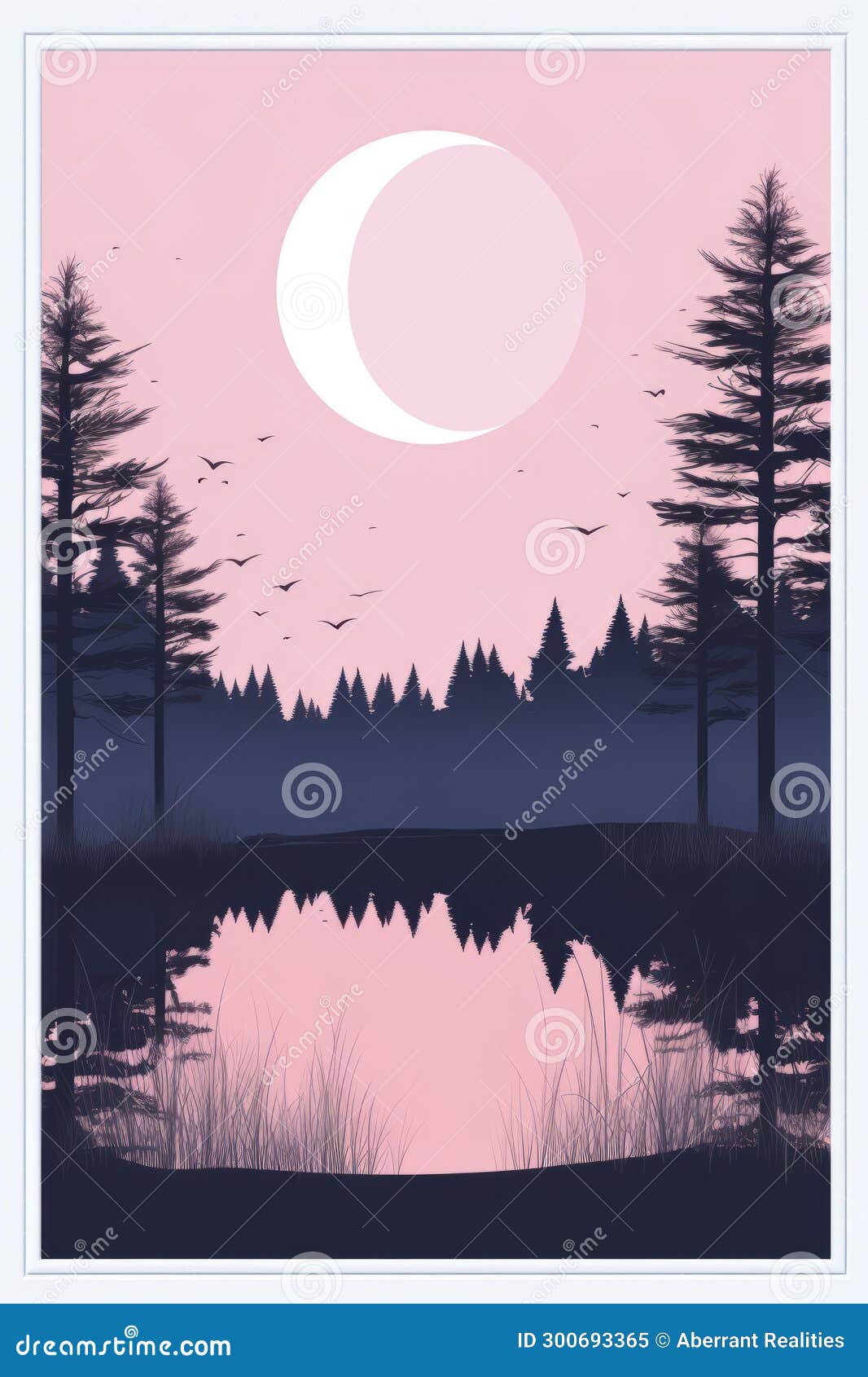 A Pink Sky with a Full Moon and Trees in the Background Stock ...