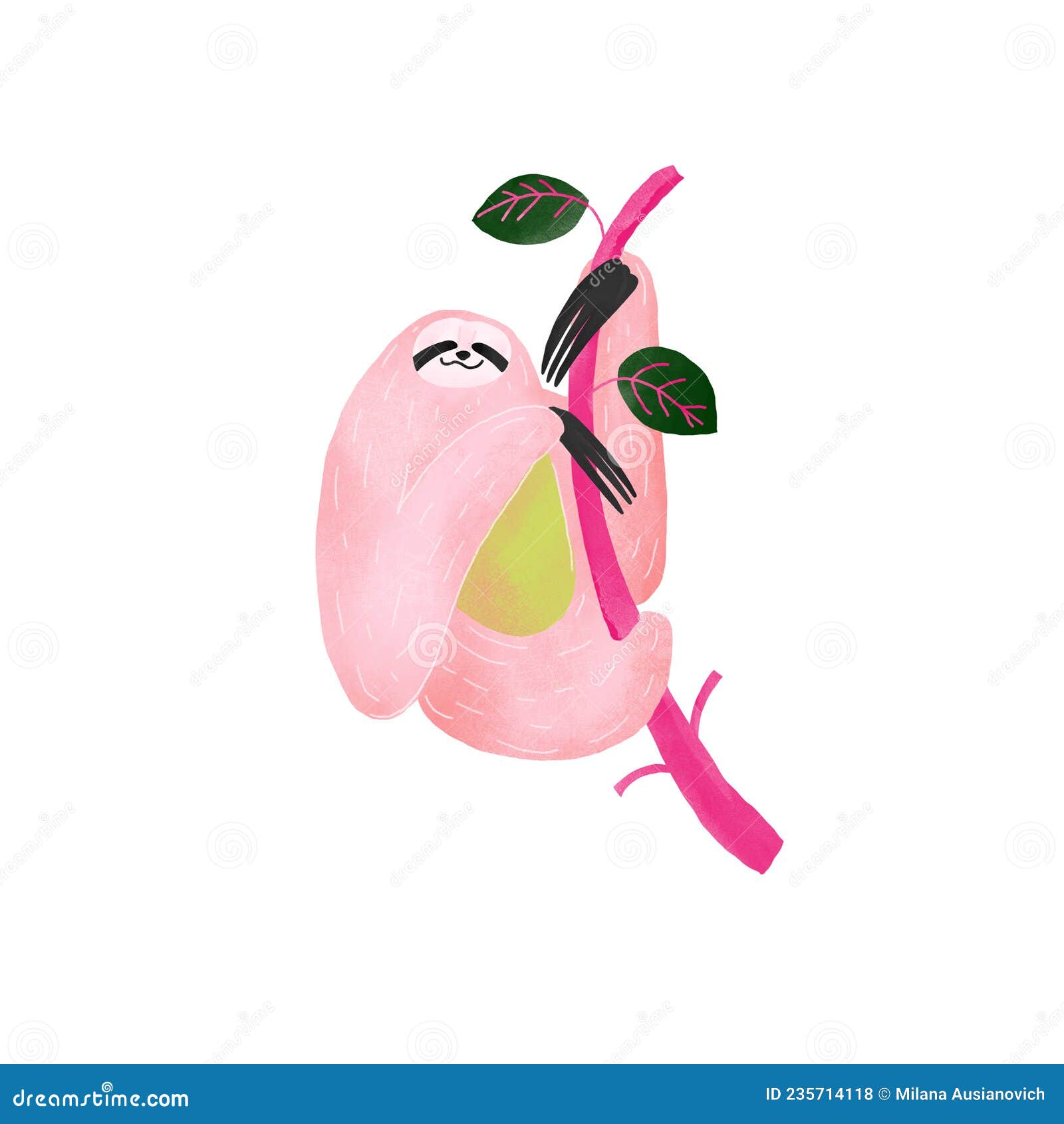 Sloth Hanging on Tree Branch. Cartoon Character Drawing with Texture ...