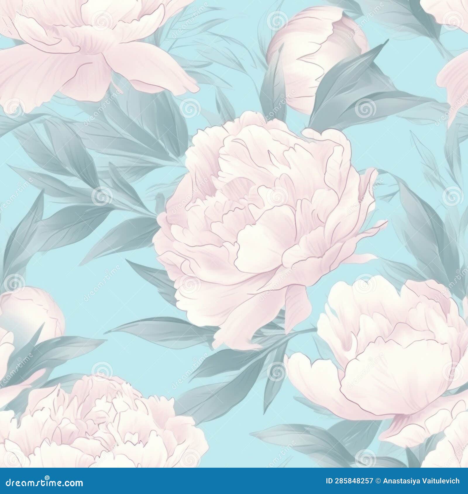 Pink Soft Peonies on the Blue Light Background. Seamless Pattern Stock ...