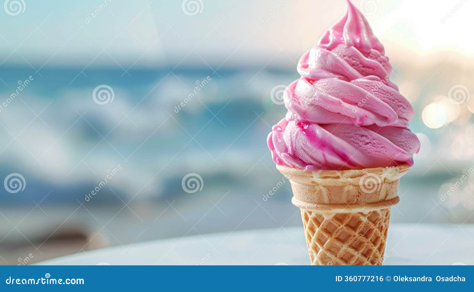 Pink Soft Serve Ice Cream Cone with a Beach Background. Stock Photo ...
