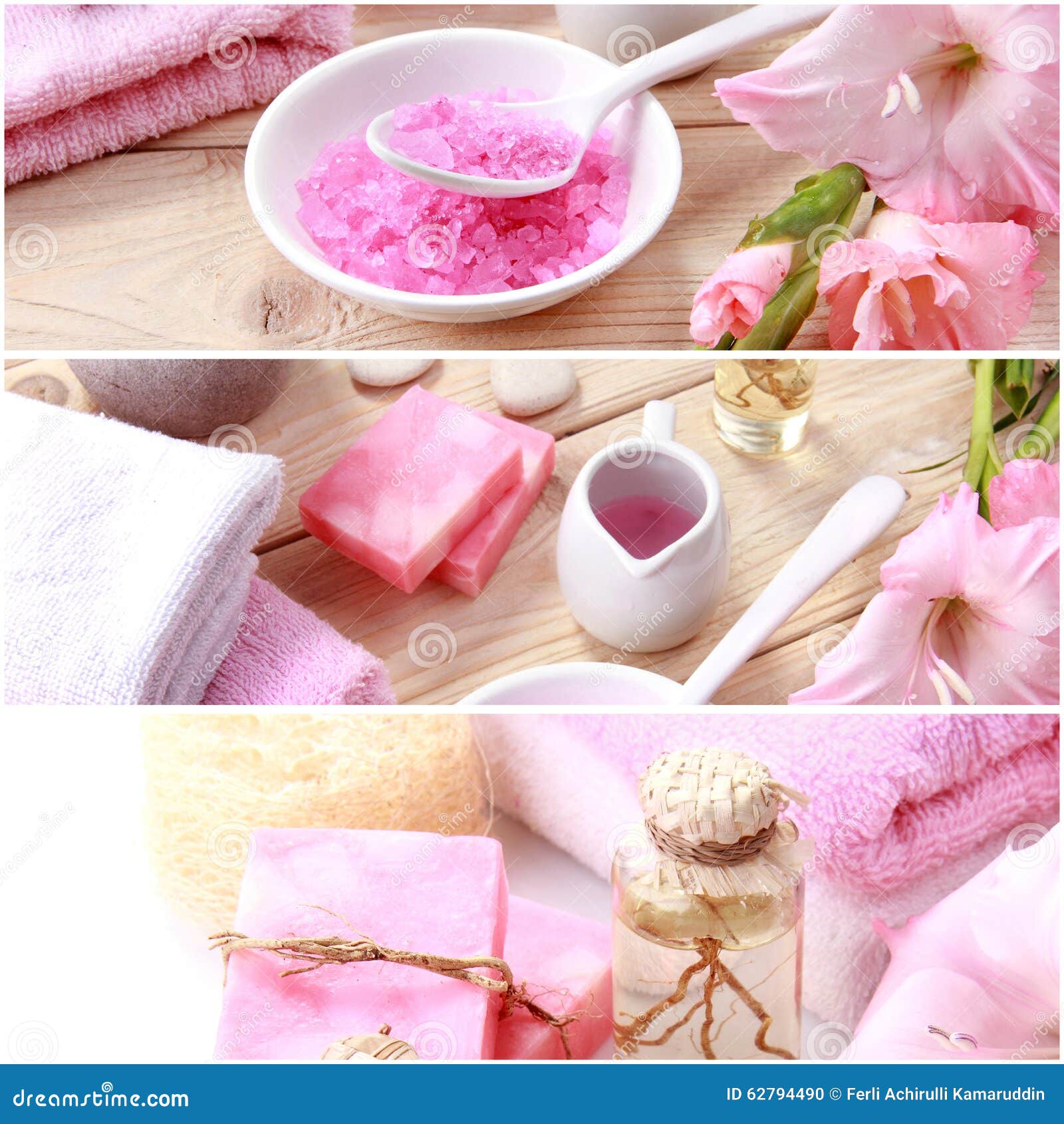 Pink Spa Concept Collage. Soap and Essensials Spa Objects Stock Photo ...
