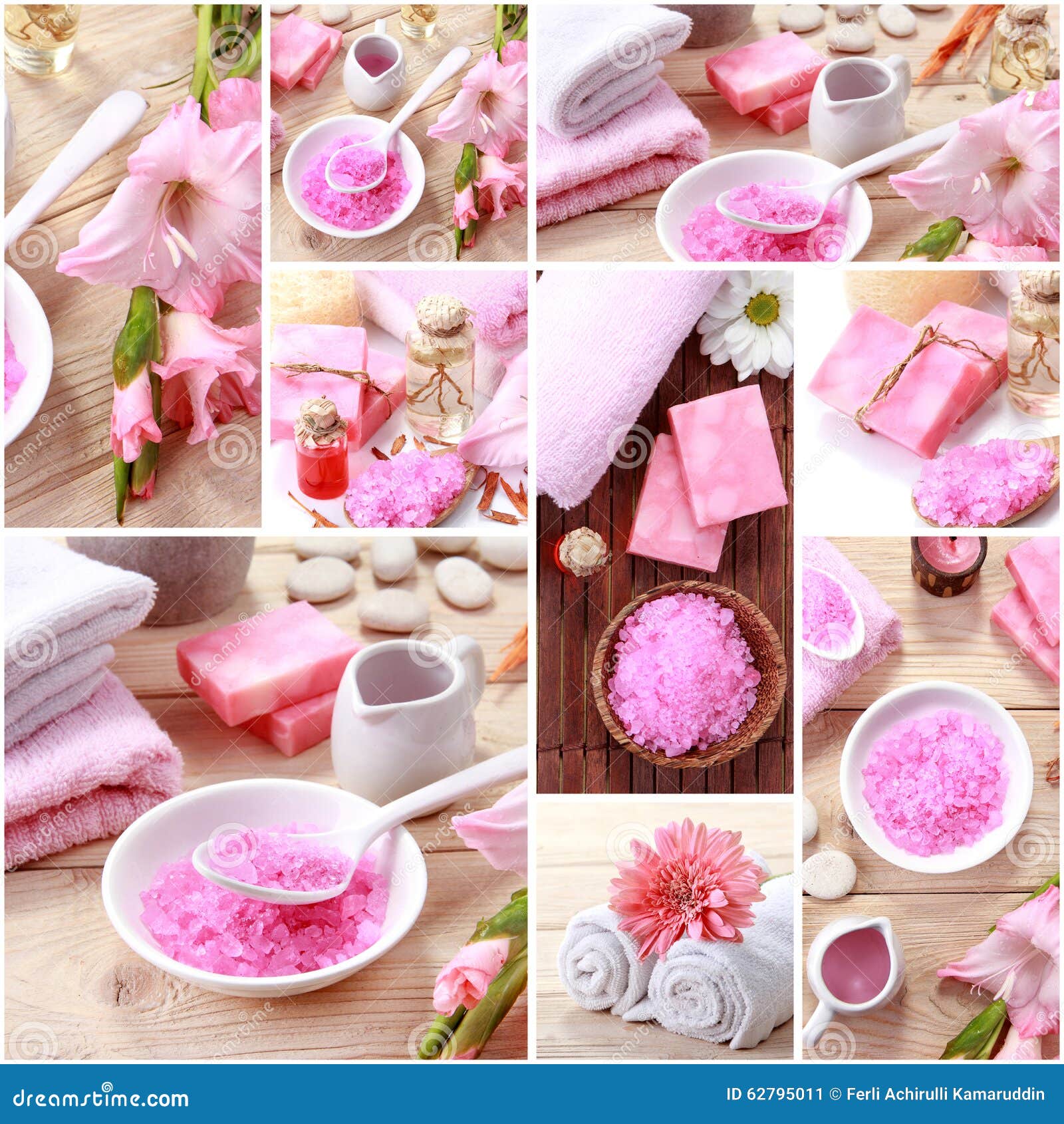 Pink Spa Concept Collage. Soap and Essensials Spa Objects Stock Image ...