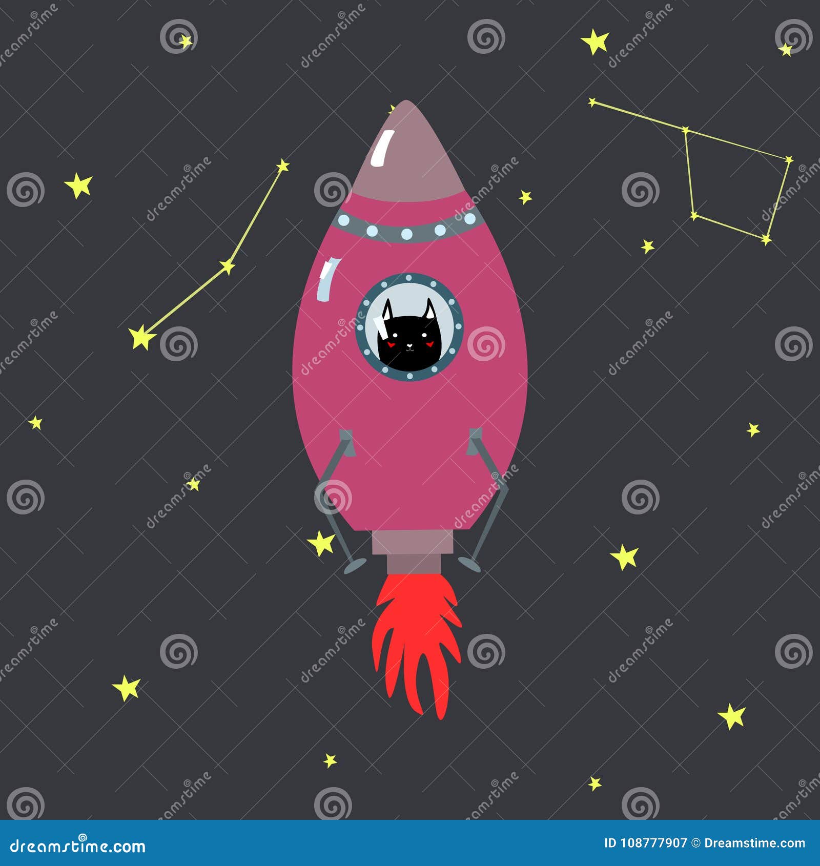 Pink Space Shuttle with Cute Cartoon Style Black Cat Vector ...