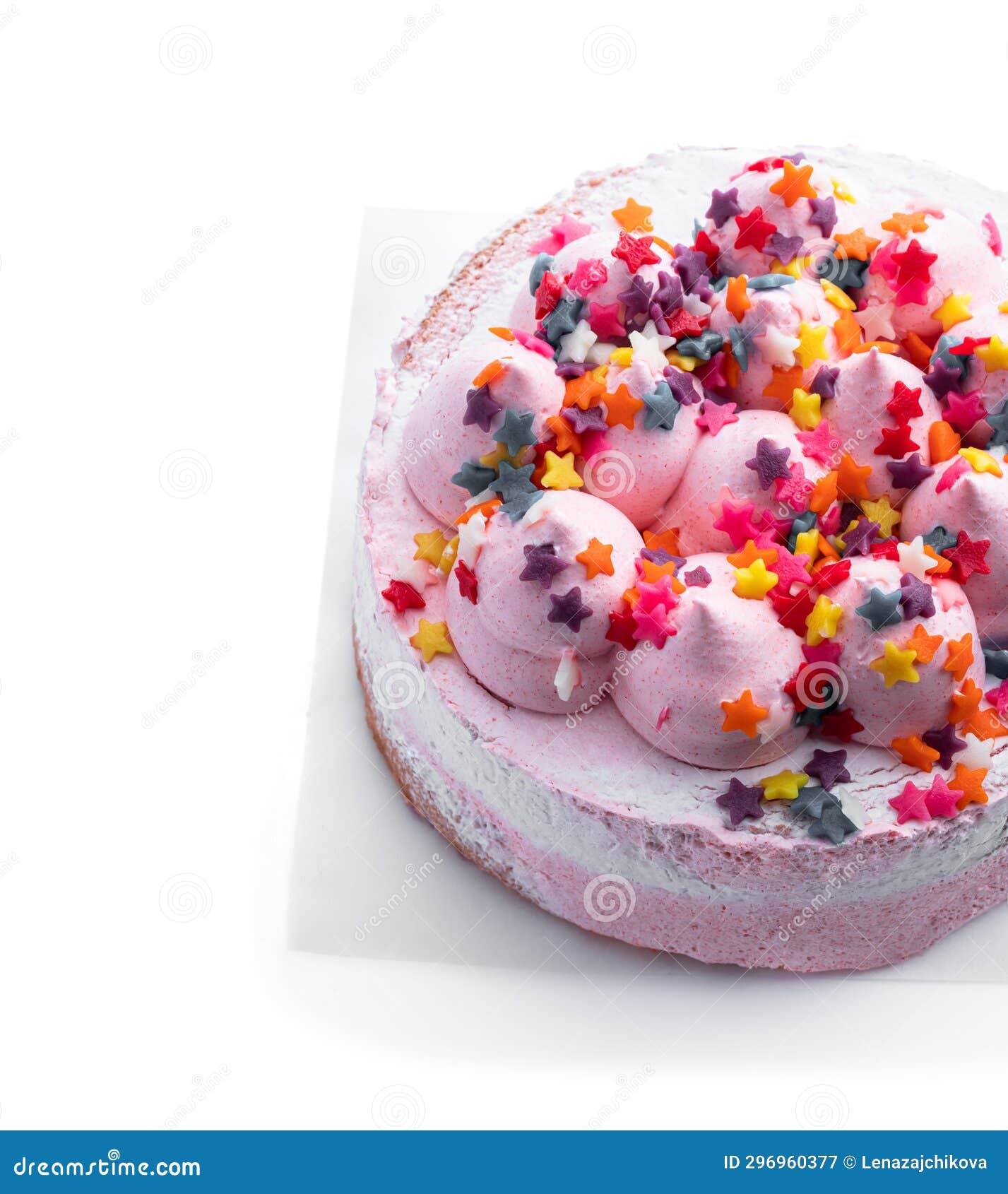 Pink Sponge Cake Decorated with Small Meringue on Top Isolated on White ...