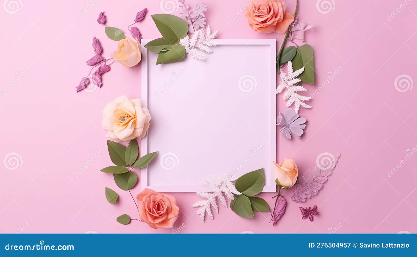 A Pink Square Frame Decorated with Multicoloured Flowers, Blank Space ...
