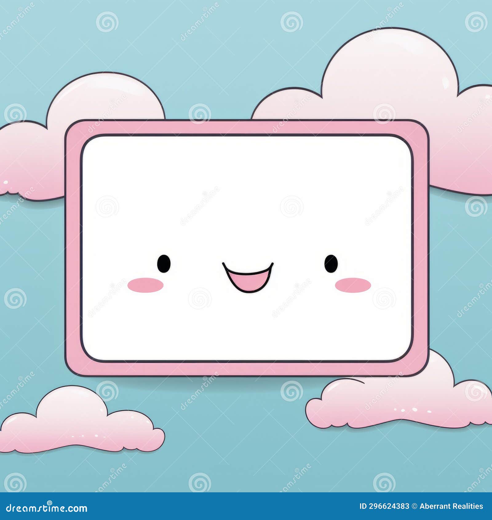 A Pink Square with a Smiley Face on it in the Clouds Stock Illustration ...