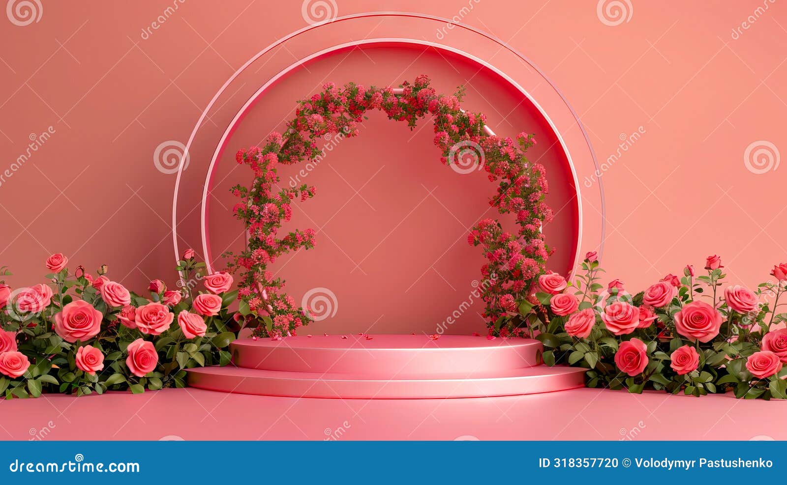 A Pink Stage with Roses and Greenery Stock Photo - Image of flower ...