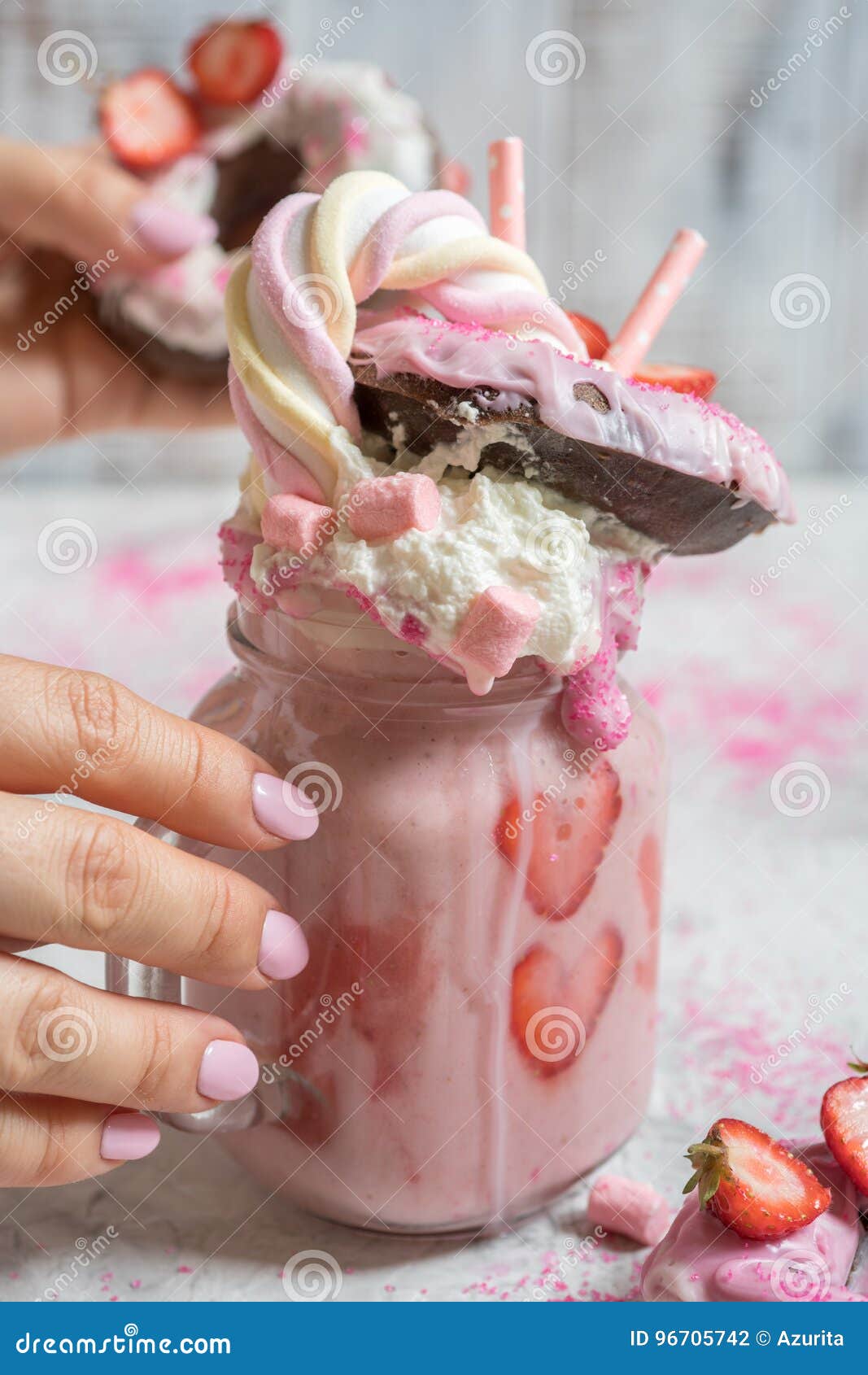 Pink Strawberry Freakshake with Sweets Stock Photo - Image of straw ...