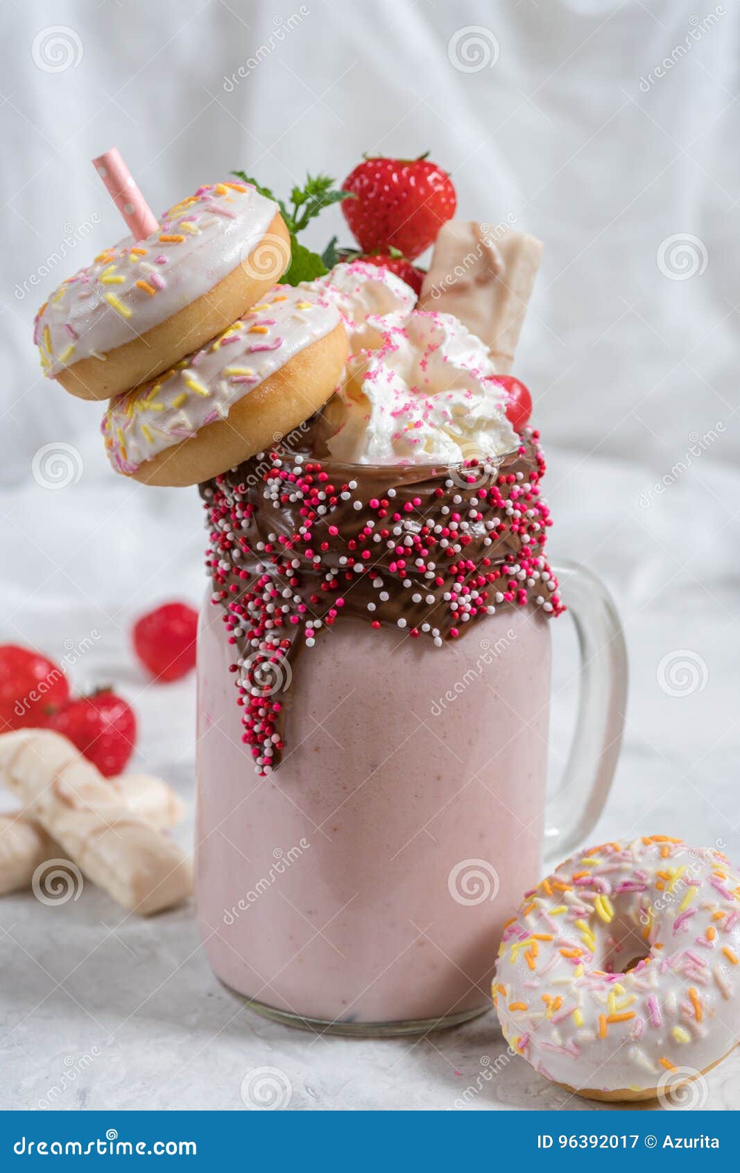 Pink Strawberry Freakshake with Sweets Stock Image - Image of fruit ...