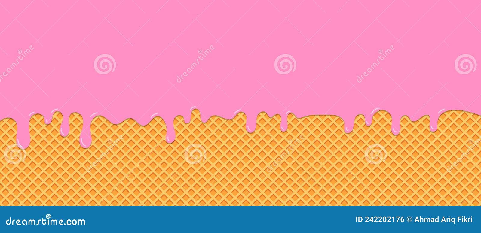 Pink Strawberry Ice Cream Melted On Waffle Background Vector