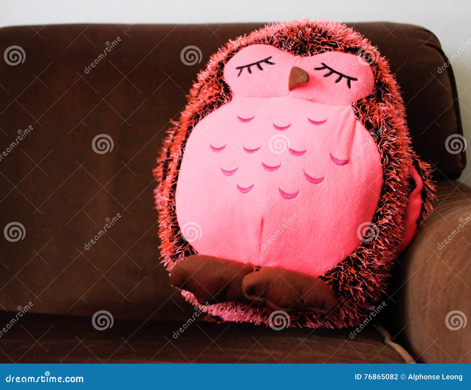 Pink Stuffed Owl on Brown Couch Stock Photo - Image of softplush, cute ...