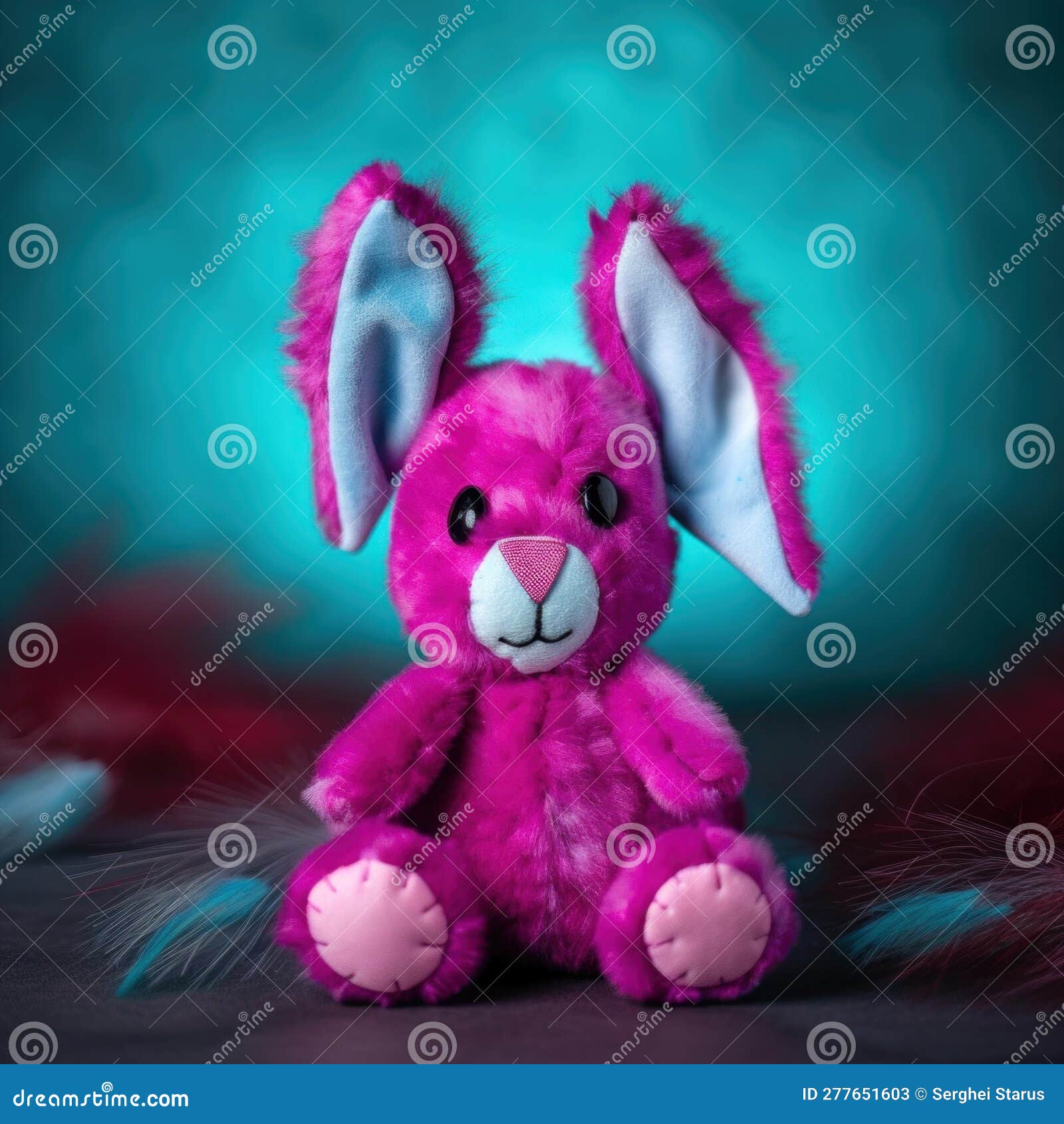 A Pink Stuffed Rabbit Sitting On Top Of A Table Generative Ai Image Stock Illustration