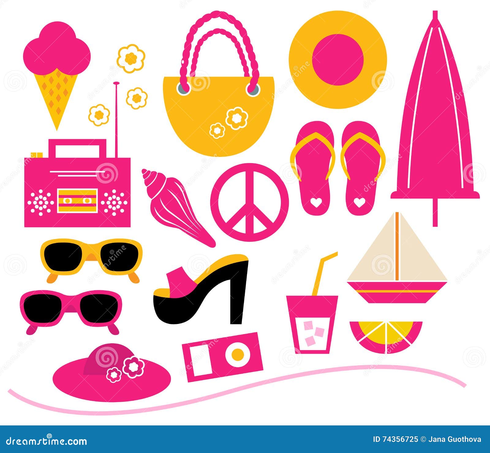 Pink Summer Beach Elements Set Isolated on White Stock Illustration ...