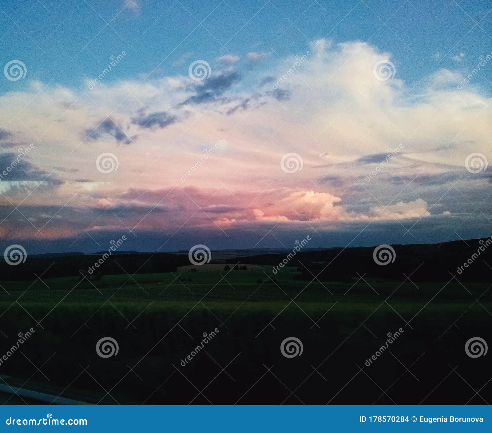 Pink Sunset, Pink Sky, Landscape and Green Field Stock Photo - Image of ...