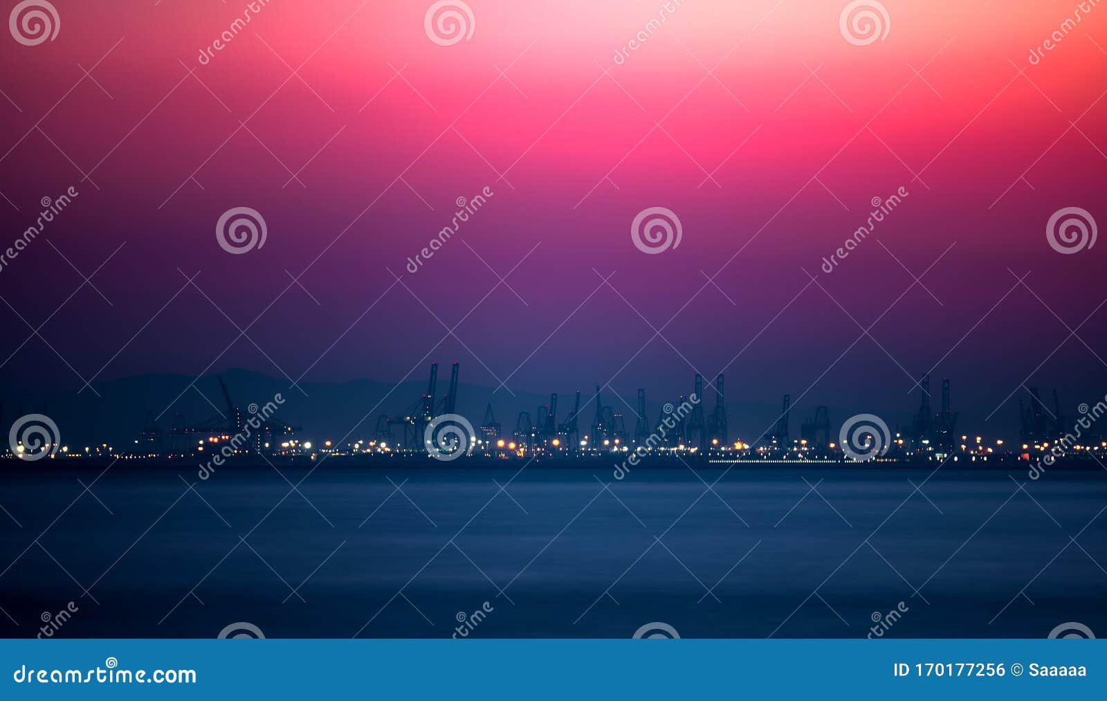 Pink Sky Over the Commercial Dock with Cranes Stock Photo - Image of ...