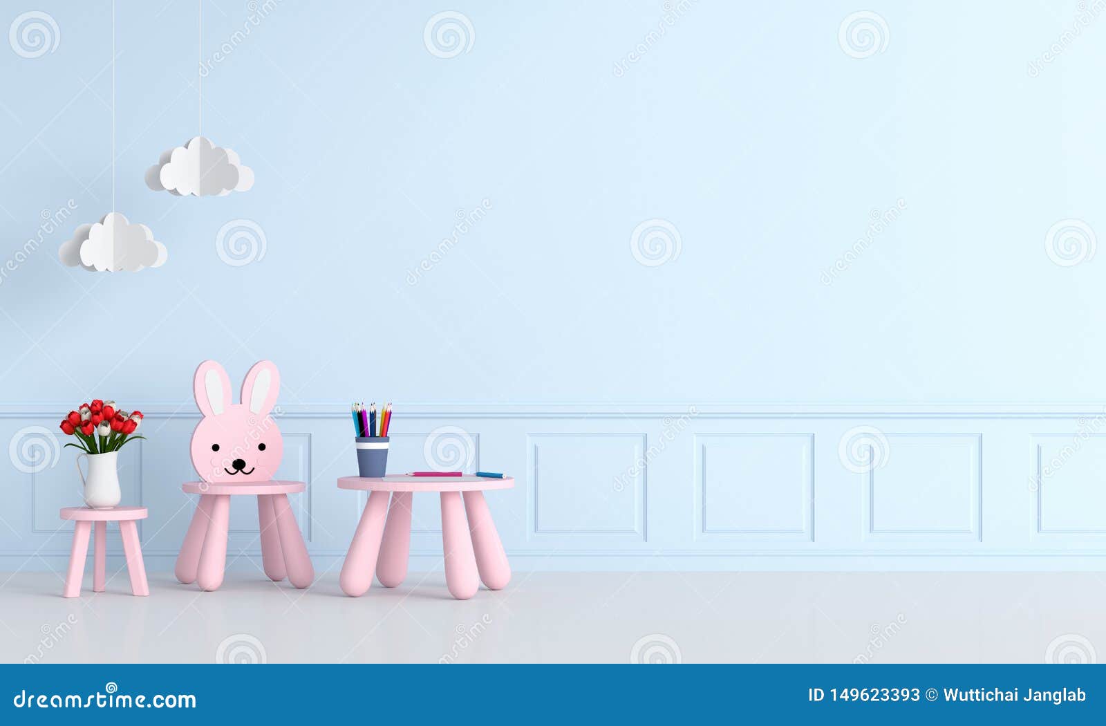 Pink Table and Chair in Child Room for Mockup, 3D Rendering Stock ...