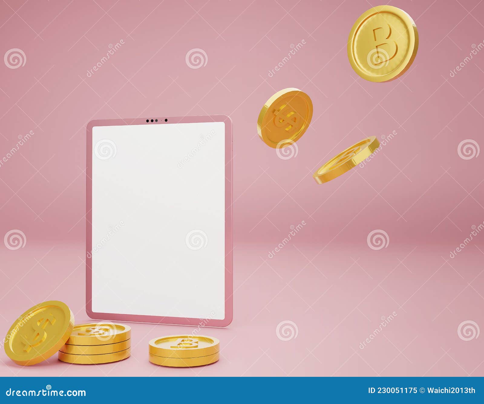 Pink Tablet Computer with Golden Coin on Pink Background. Template and ...