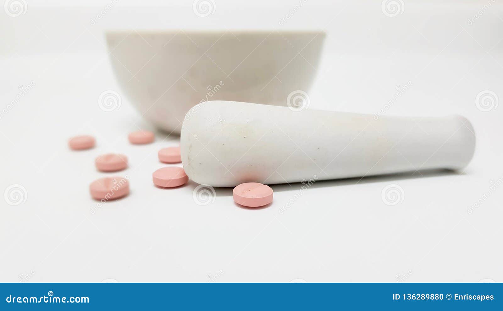 Pink tablets and mortar stock photo. Image of white - 136289880