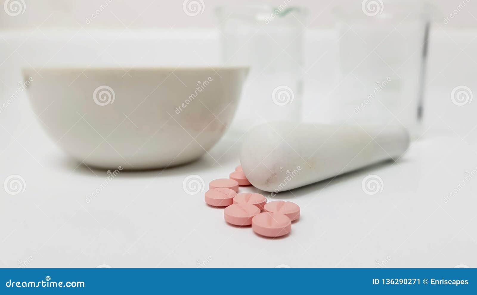 Pink tablets and mortar stock image. Image of care, medicine - 136290271