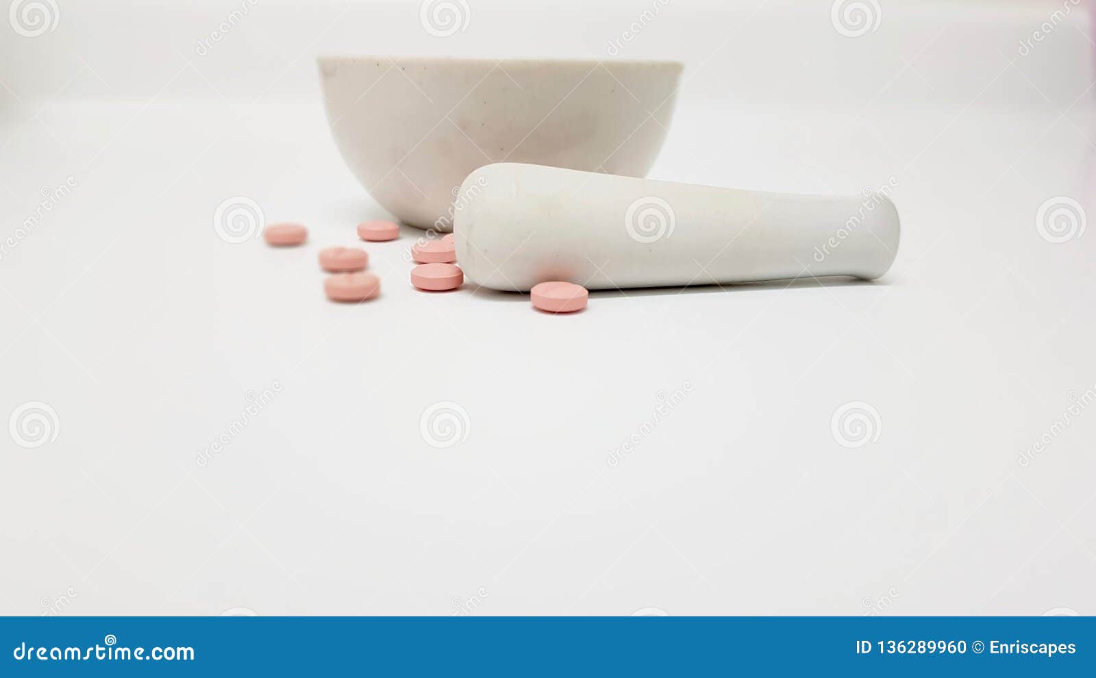 Pink tablets and mortar stock photo. Image of mortar - 136289960