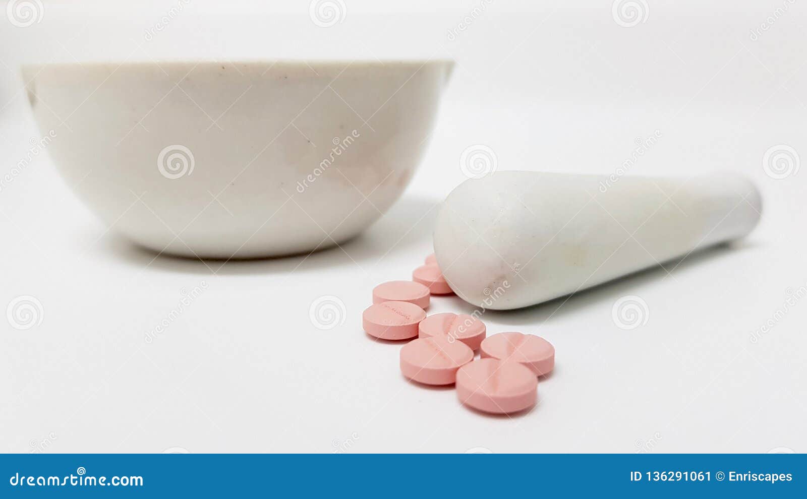 Pink tablets and mortar stock image. Image of medication - 136291061