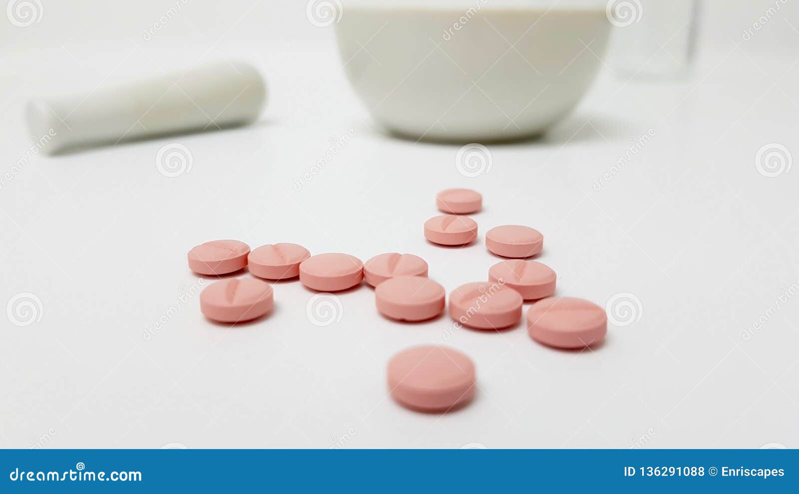 Pink tablets and mortar stock photo. Image of care, medical - 136291088