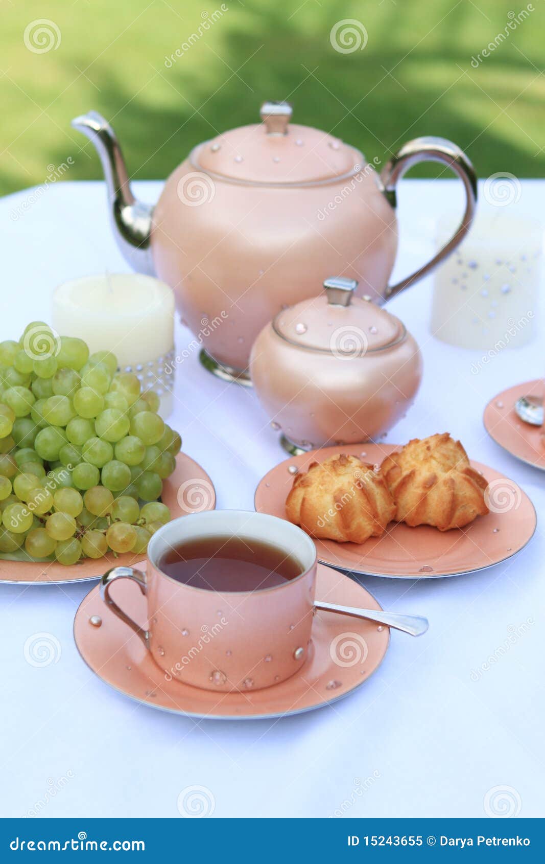 Pink tea service stock image. Image of croissant, delicious - 15243655