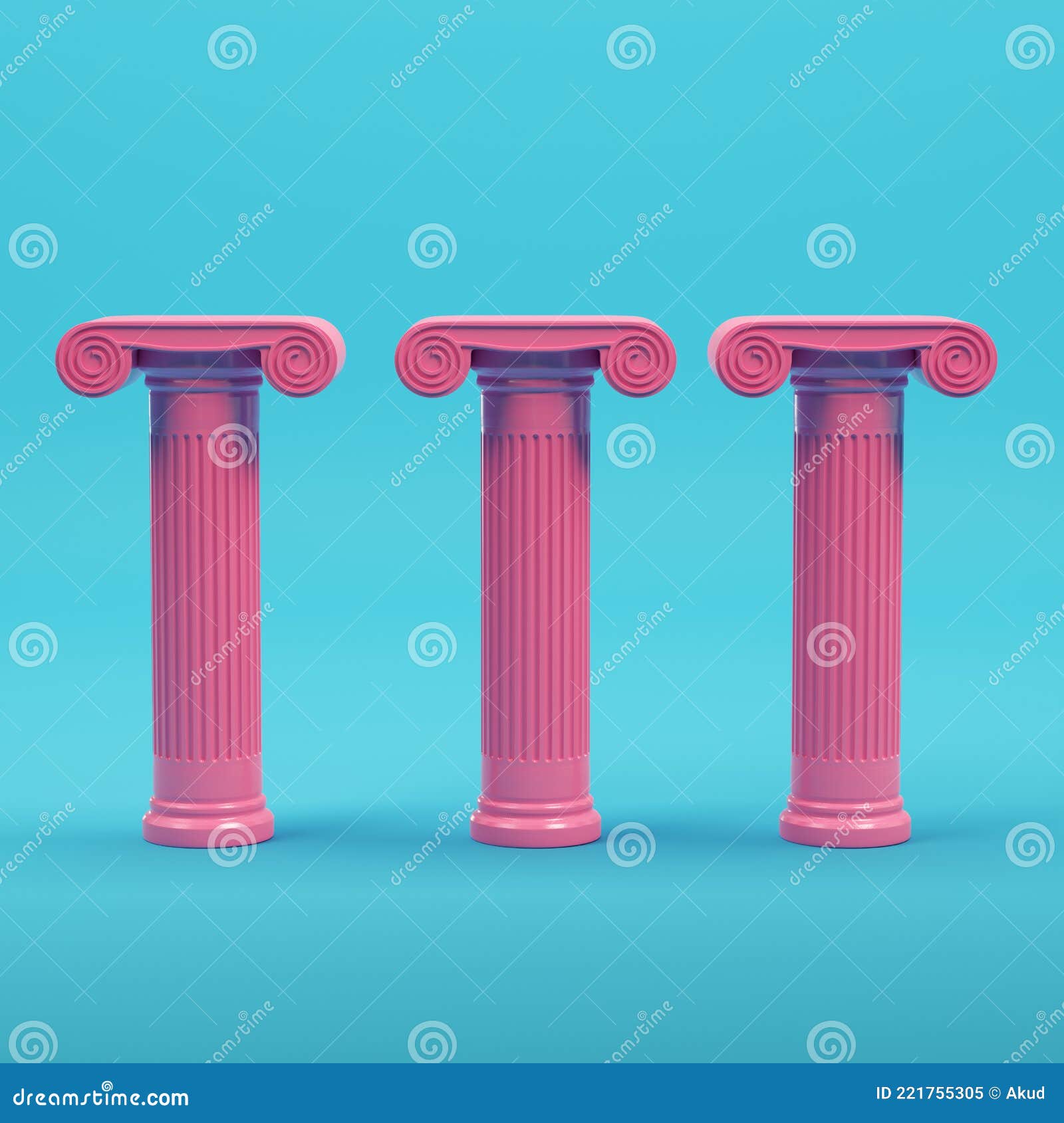 Pink Three Ancient Columns on Bright Blue Background in Pastel Colors ...