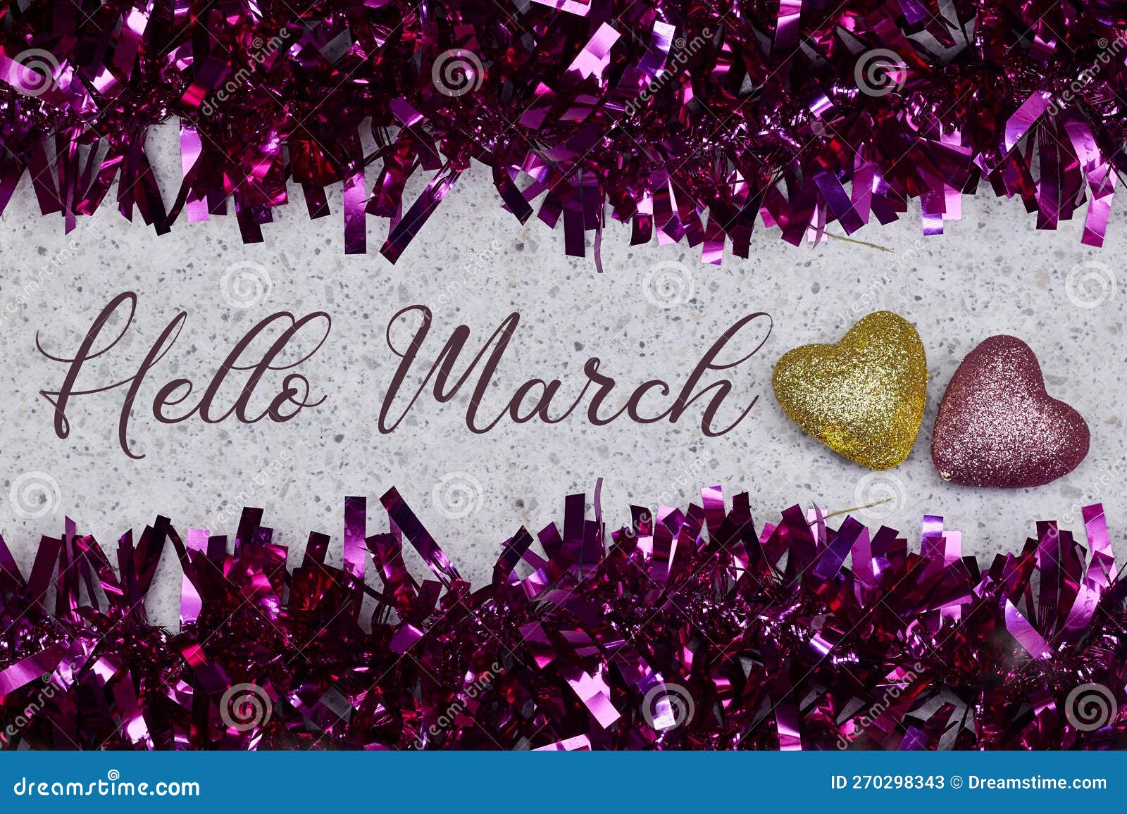 Pink Tinsel with Yellow and Pink Hearts with Hello March Concept Stock ...