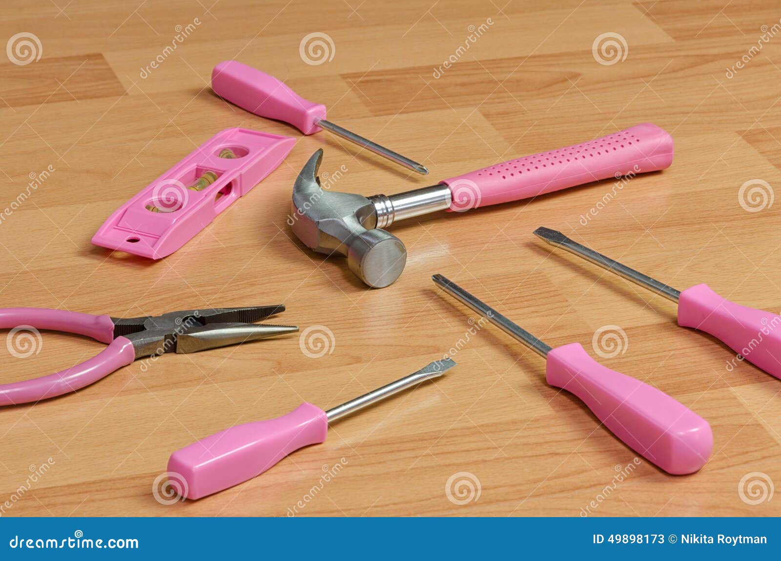 Pink tools on wood stock image. Image of table, play - 49898173