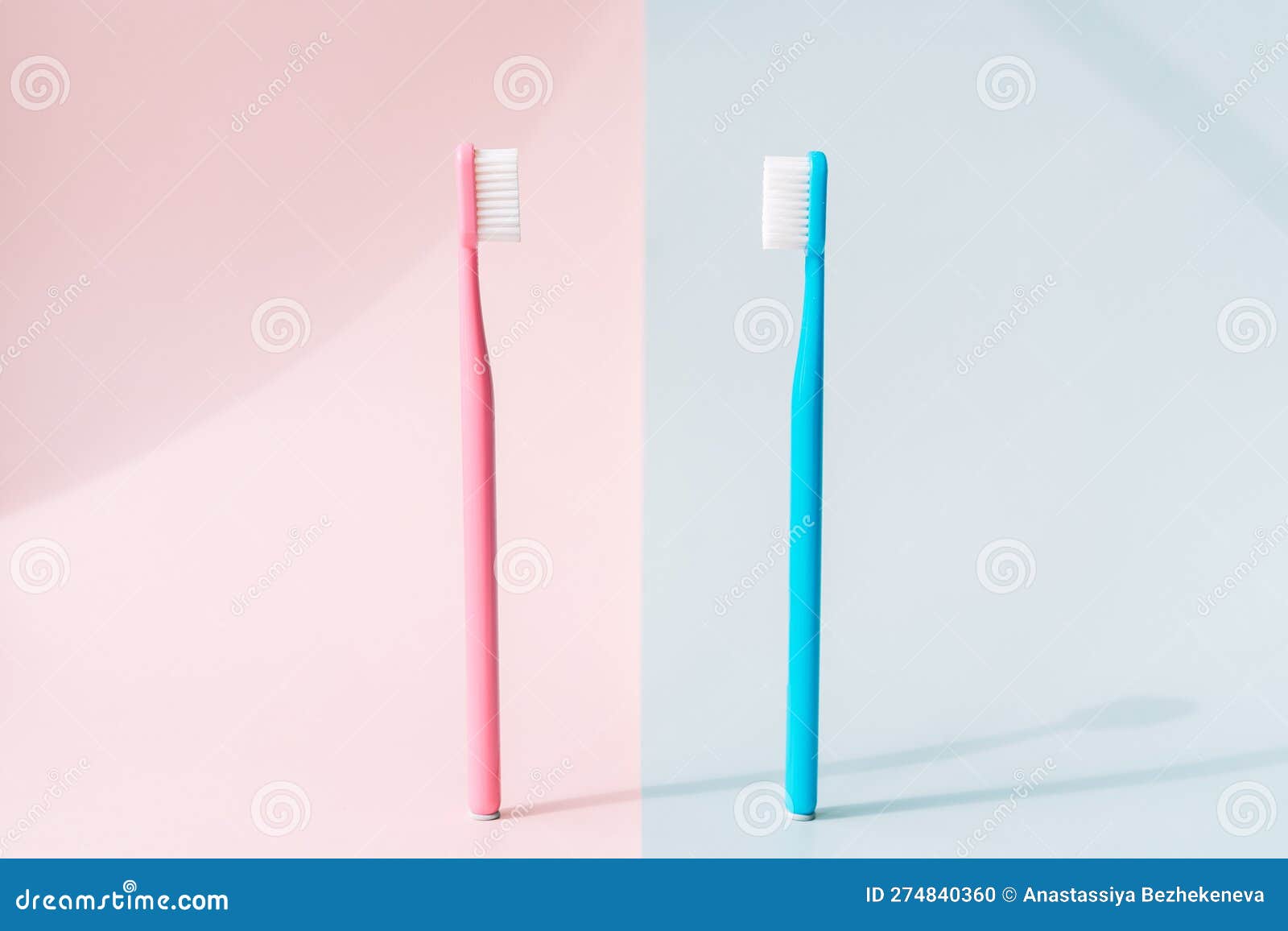 Pink Toothbrush Against Pink Background and Blue Toothbrush Against ...