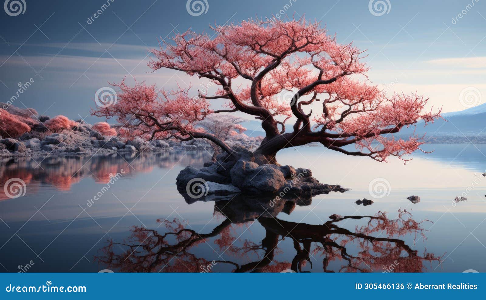Pink Tree in the Middle of a Lake with Mountains in the Background ...