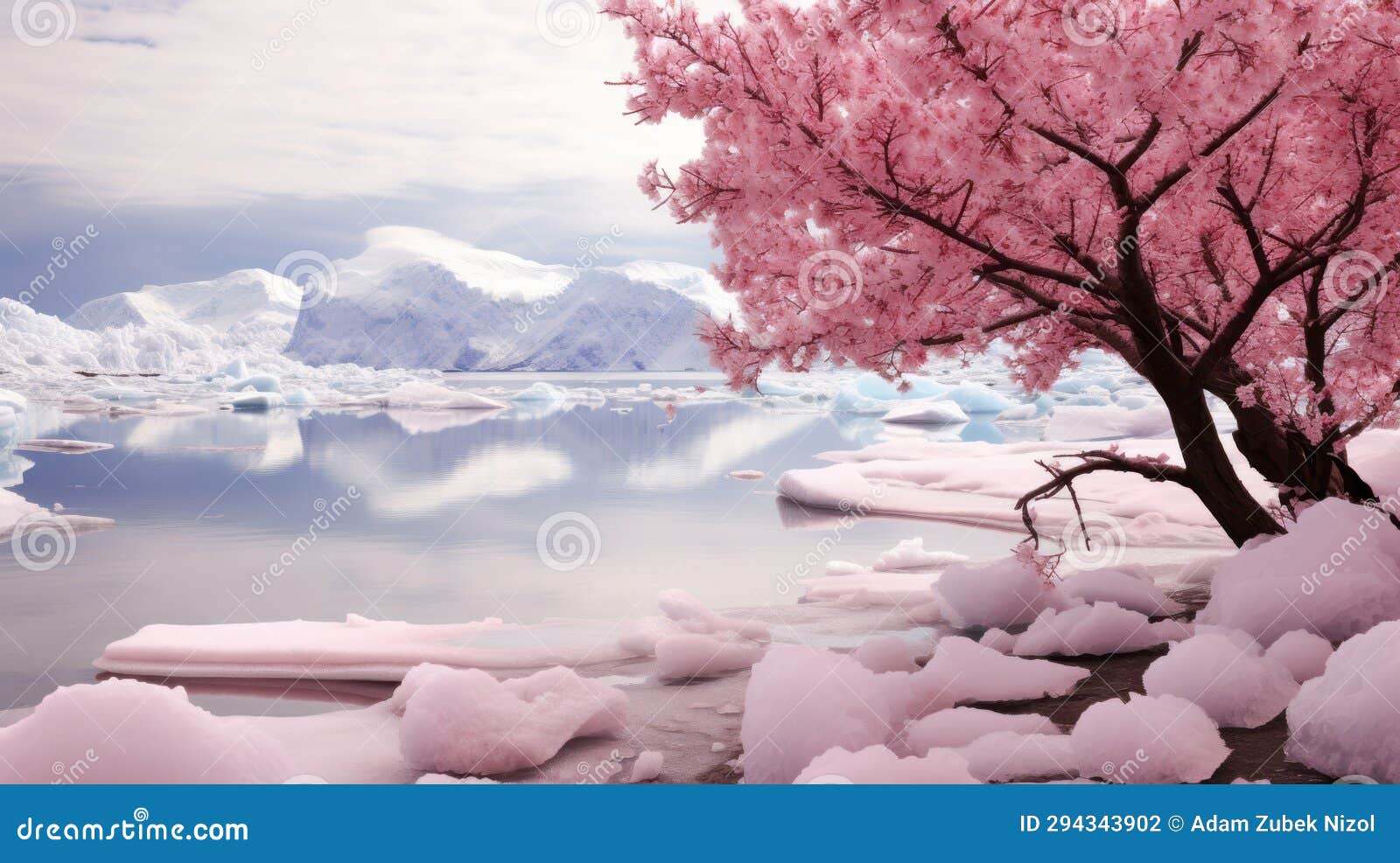 A Pink Tree Next To Icebergs Stock Illustration - Illustration of ...