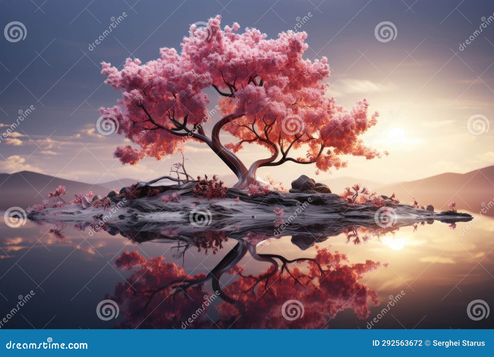 A Pink Tree is Reflected in the Water at Sunset, AI Stock Photo - Image ...