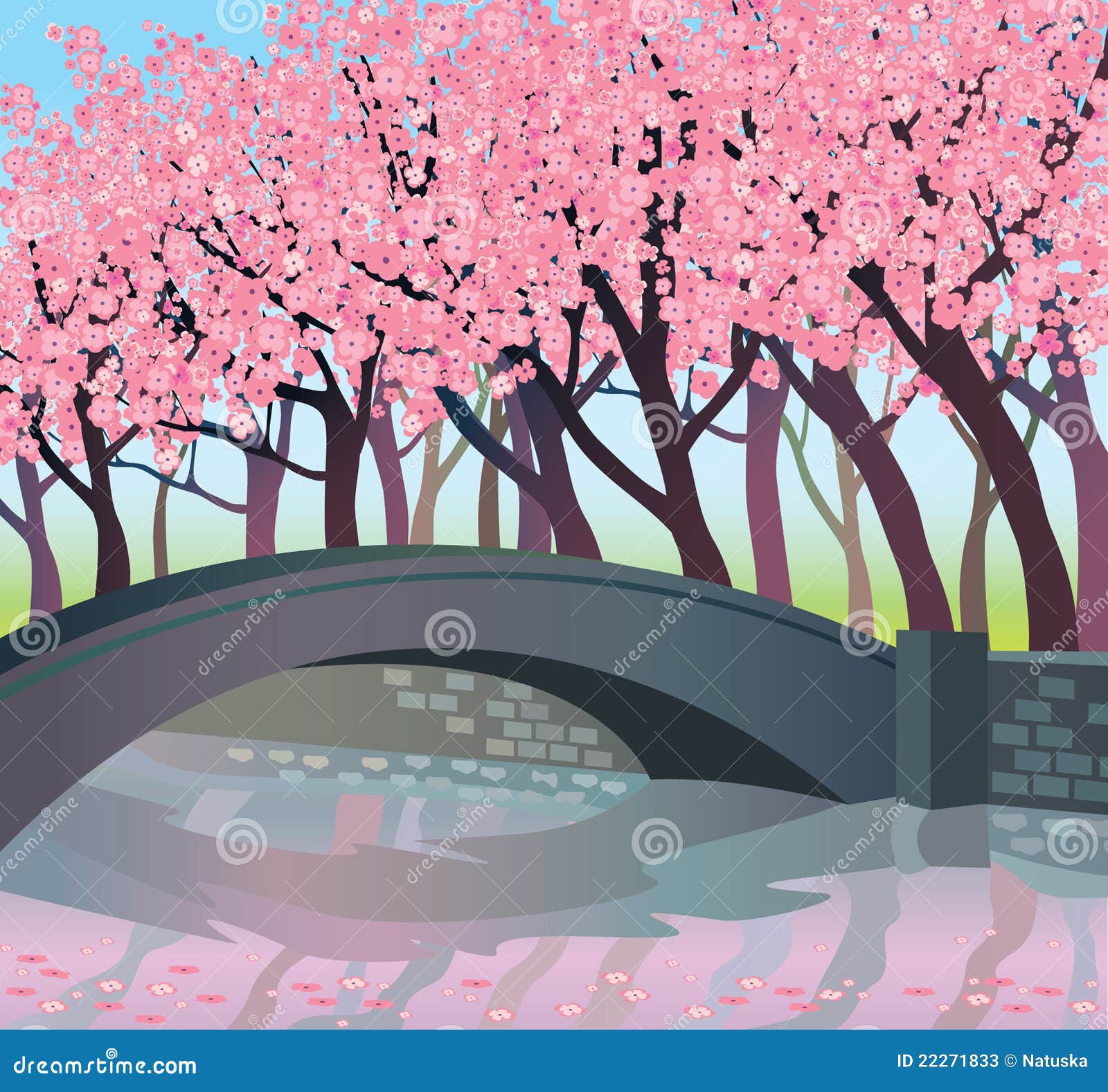 Pink trees and river stock illustration. Illustration of cherry - 22271833