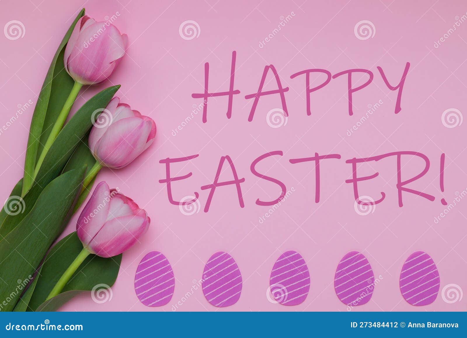Pink Tulips with Pink Easter Eggs on a Pink Background. Happy Easter ...