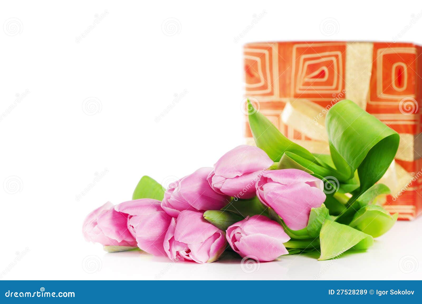 Pink tulips and gift box stock image. Image of decoration - 27528289