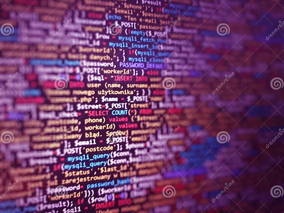 Pink Unique Background. Programming PHP on Laptop Computer Screen. Program Code PHP HTML CSS of ...