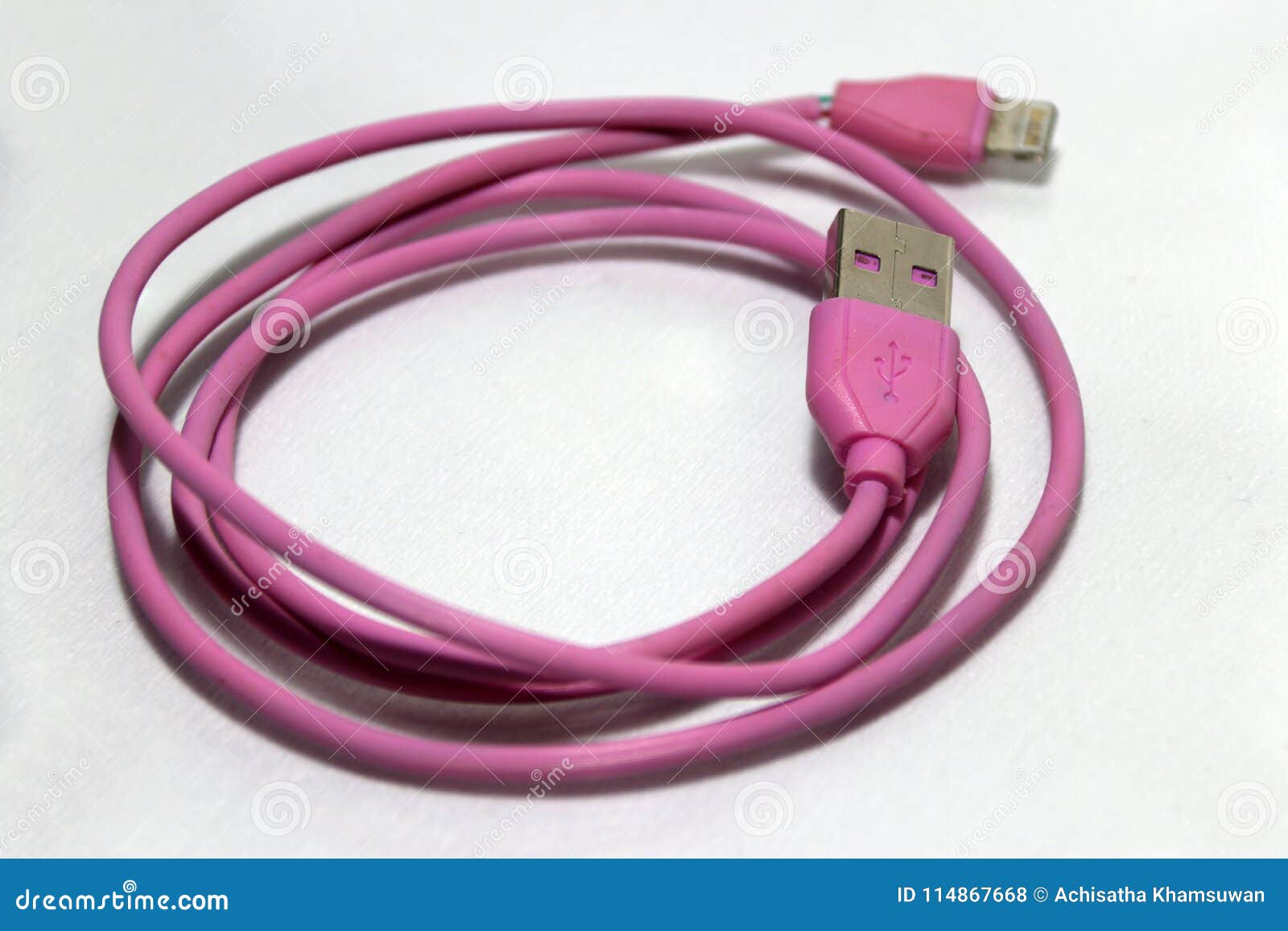 Pink Used USB Plug With Cable On The White Background. Stock Photo ...