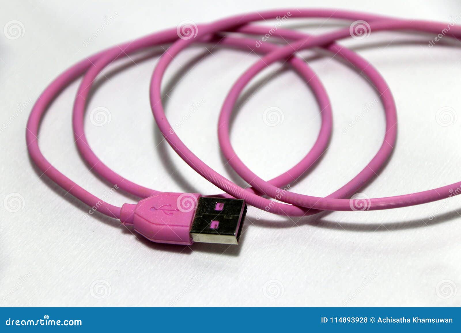 Pink Used USB Plug with Cable on the White Background. Stock Photo ...
