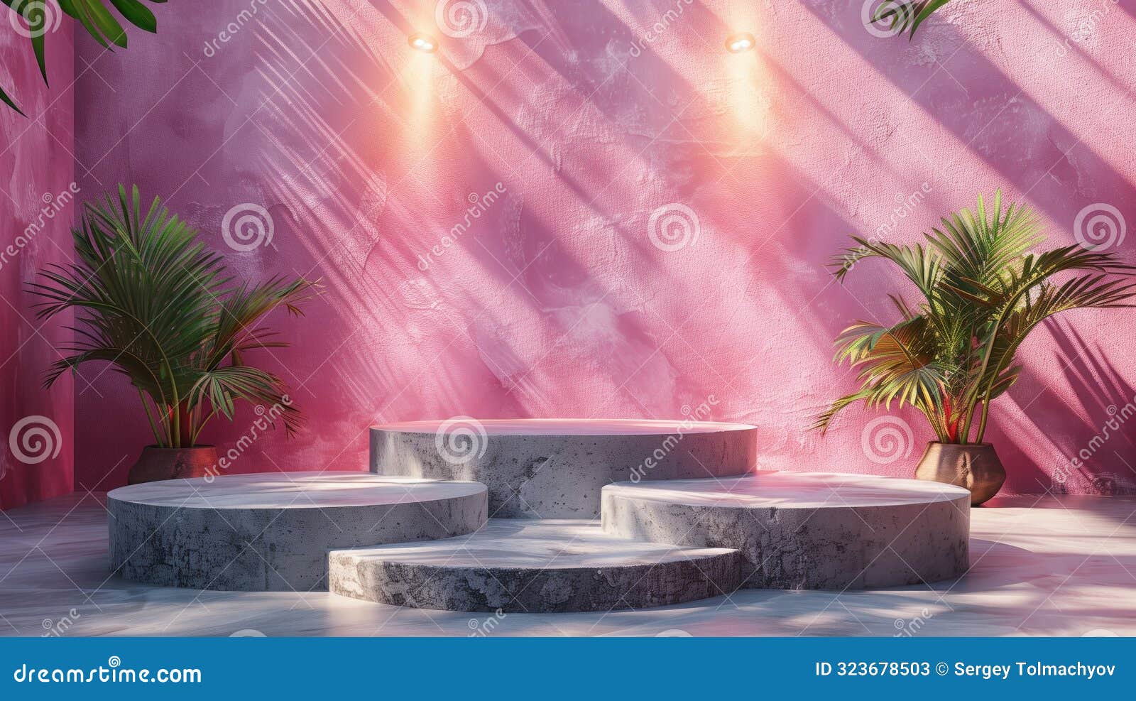 Pink Wall Studio Backdrop with Stone Platform and Palm Plants Stock ...