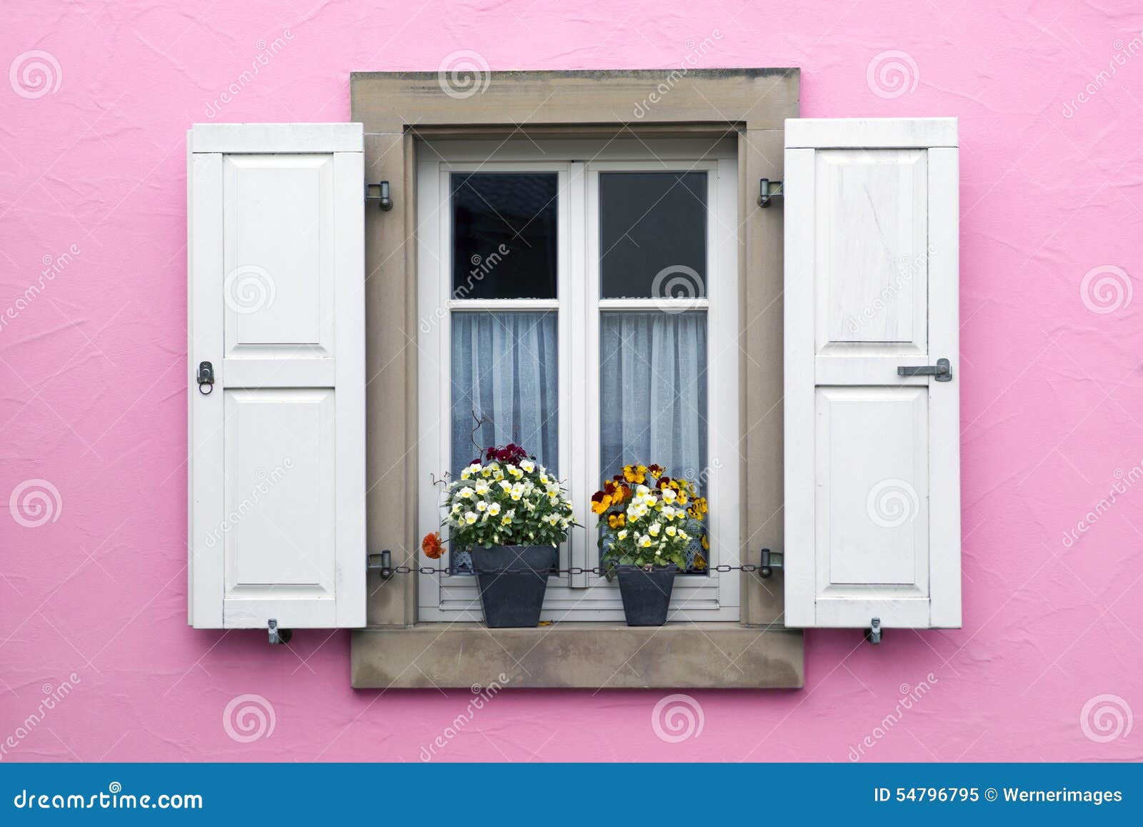 Pink Wall with Window with Shutters and Flower Pots Stock Image - Image ...