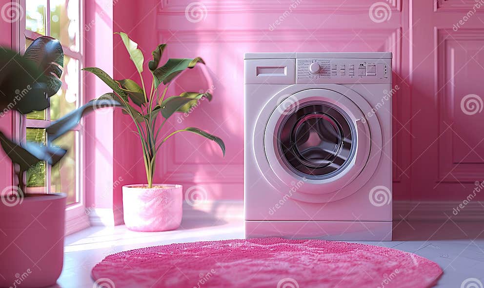 Pink Washing Machine in a Pink Room Stock Illustration - Illustration ...